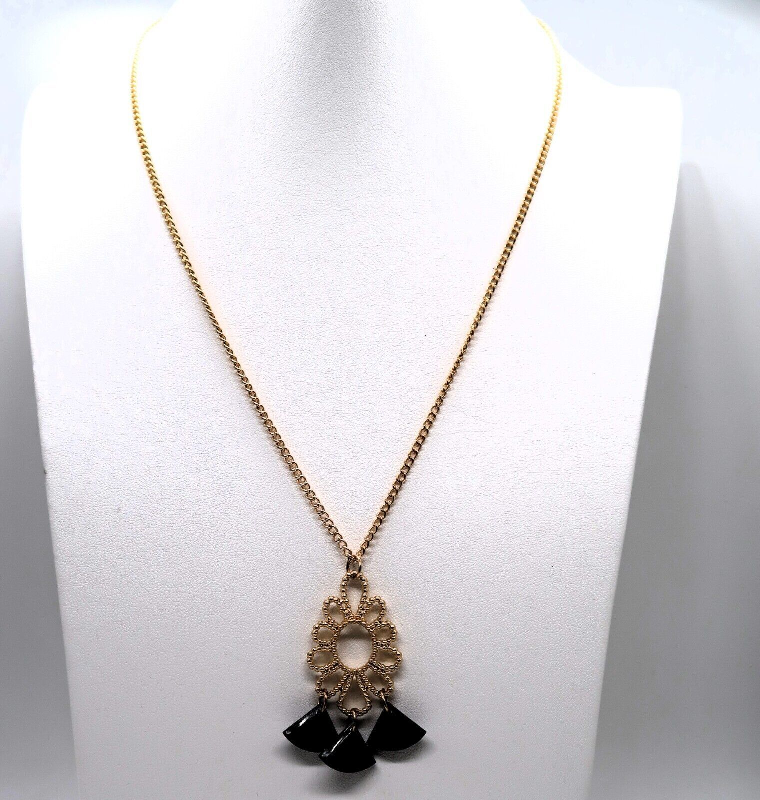 Vtg Mid-Century Gold Tone Abstract Pendent Necklace‎ w/ Black Bead ...