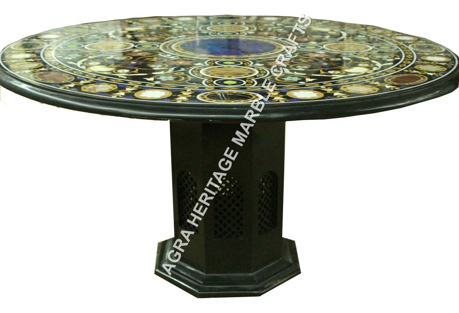 36" Black Marble Dining Elegant Table Top With Stand Pietra Dura Inlay Art H3449 - Tables
