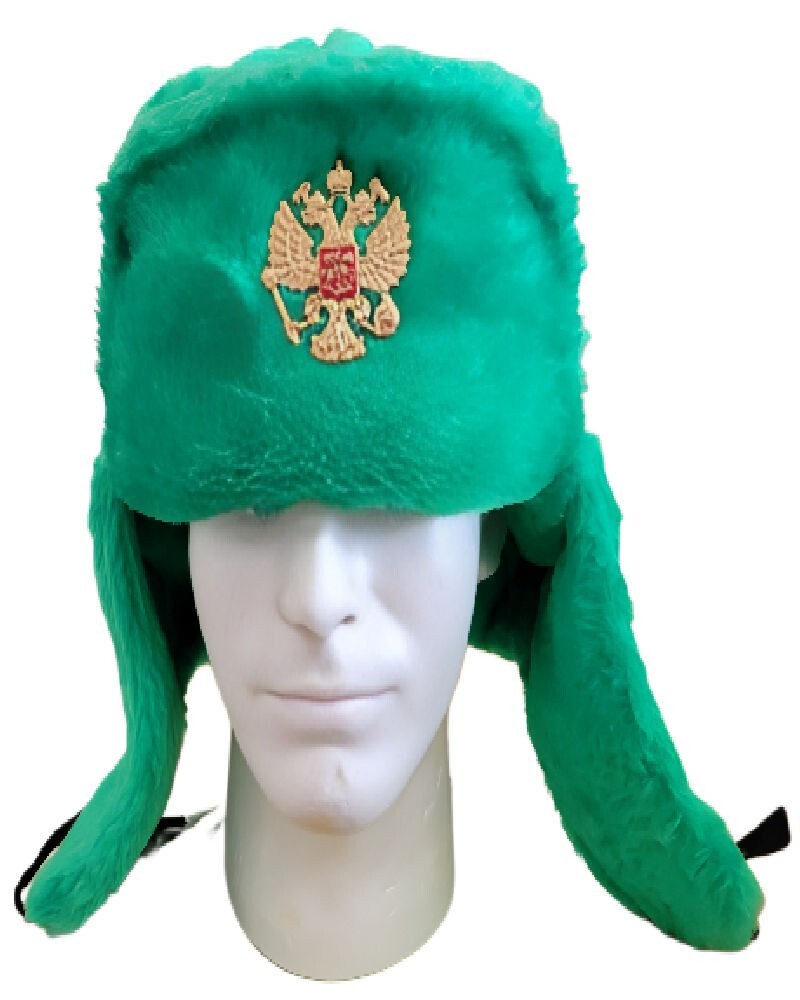 Russian Light Green Ear Flap Ushanka Hat w/ Double Eagle Badge Size XL ...