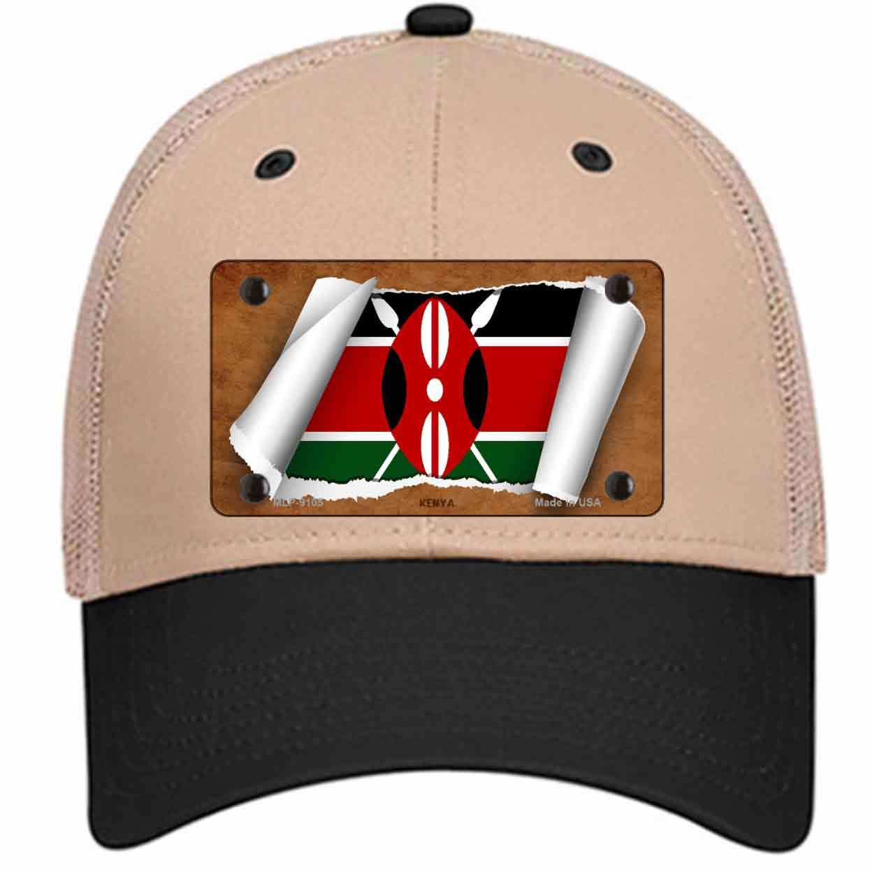 Kenya Flag Scroll Novelty Khaki Mesh License Plate Hat - Hats