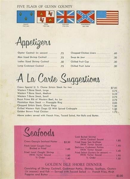 Crews Restaurant Menu Brunswick Georgia Five Flags of Glynn County 1950 ...