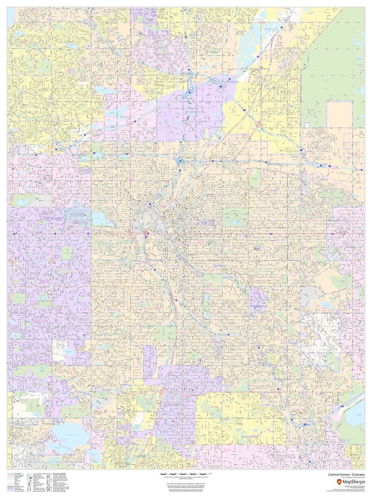 Central Denver, Colorado Laminated Wall Map (Portrait) (MSH) - Maps ...