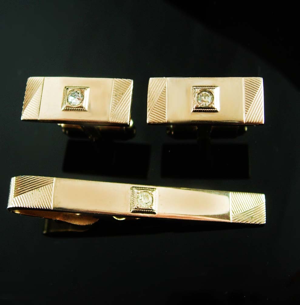 Vintage Diamond Cufflinks Tie clip set Gold classic wedding jewelry ...