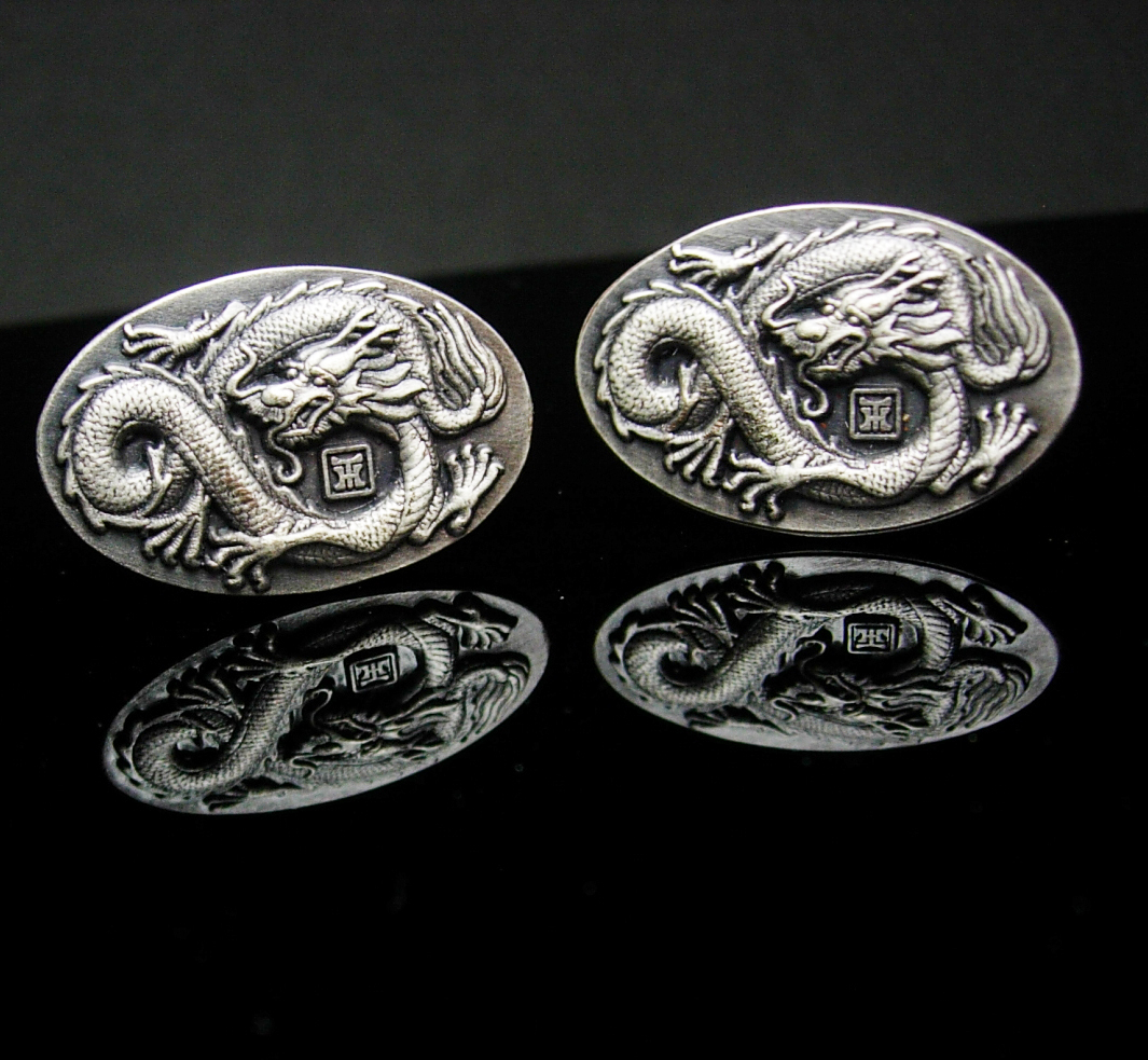 Vintage Dragon Cufflinks Silver Oriental Asian Victorian black enamel ...
