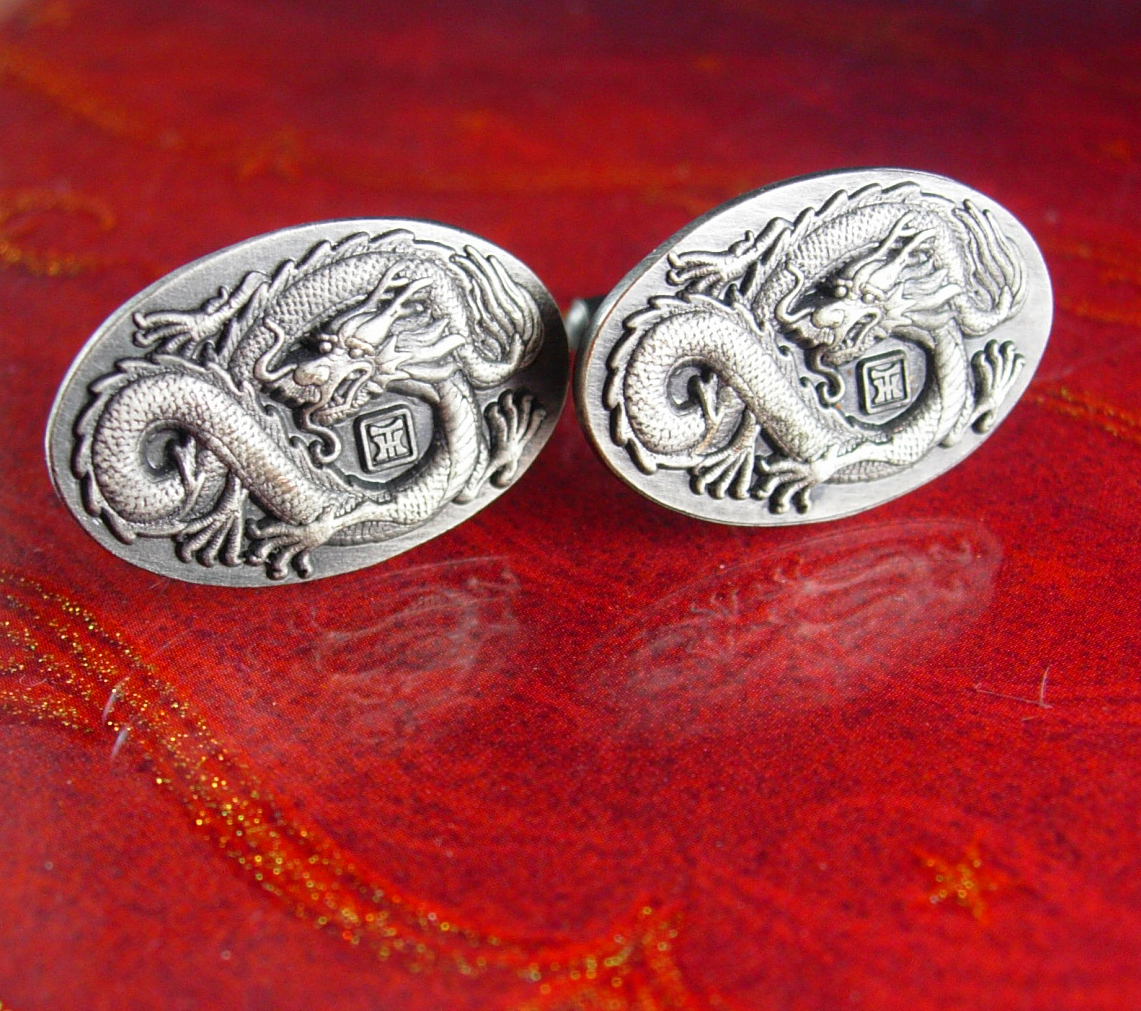 Vintage Dragon Cufflinks Silver Oriental Asian Victorian black enamel ...