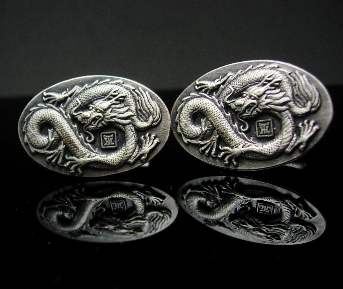 Vintage Dragon Cufflinks Silver Oriental Asian Victorian black enamel ...