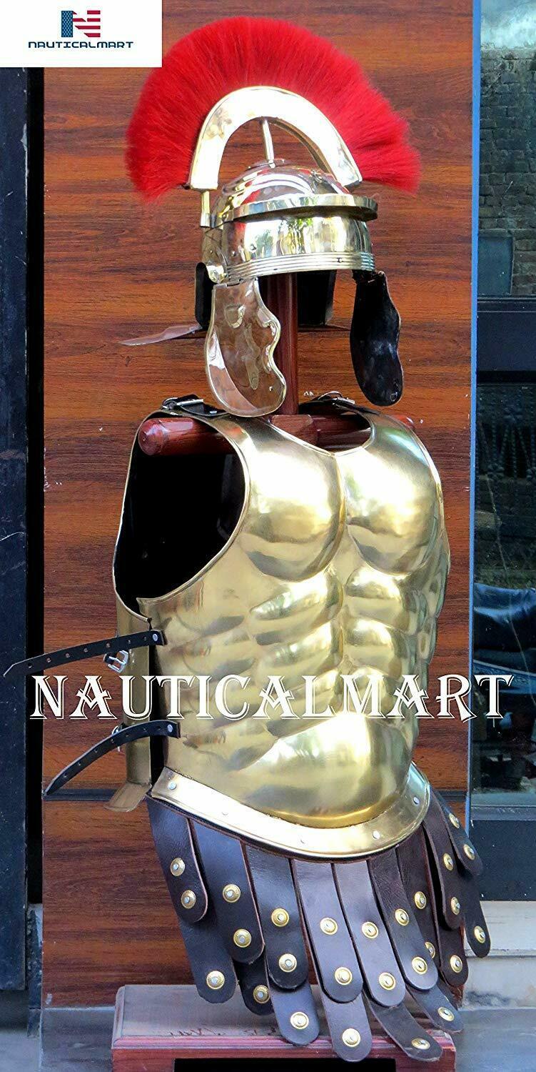 NauticalMart Medieval Brass Greek Muscle Armor W/Red Plume Roman Helmet ...