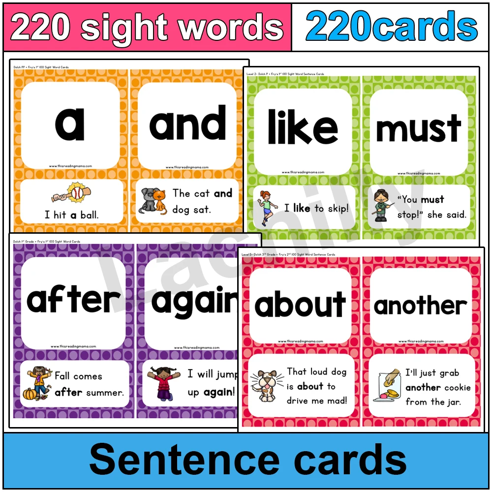 220 Sight Words Sentence Cards for Kid Toddler Learning English Toy ...