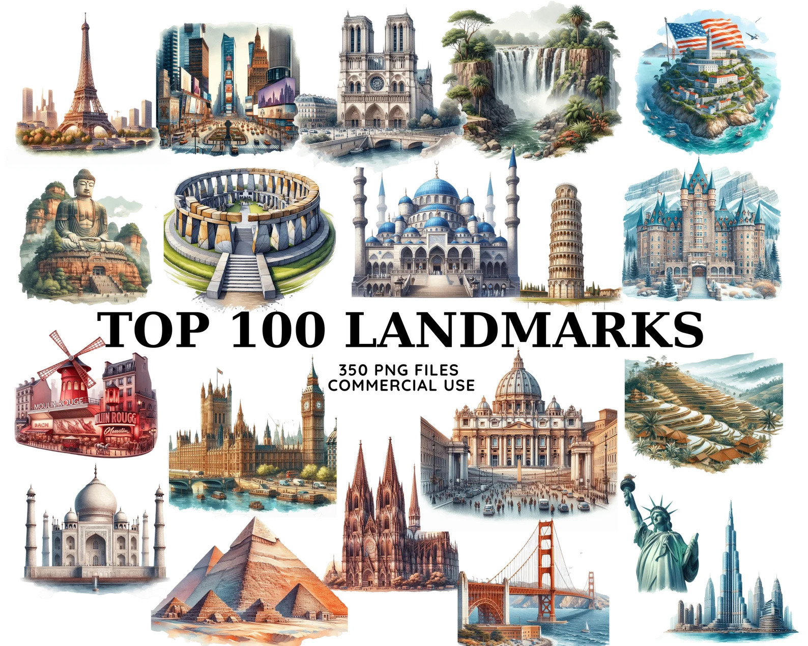 Watercolor Landmarks Clipart, Eiffel Tower Png, Taj Mahal, Statue of ...