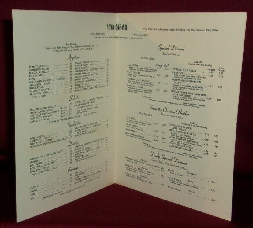 HAR-OMAR Sunset Blvd. HOLLYWOOD Scarce Armenian Restaurant Menu Circa ...