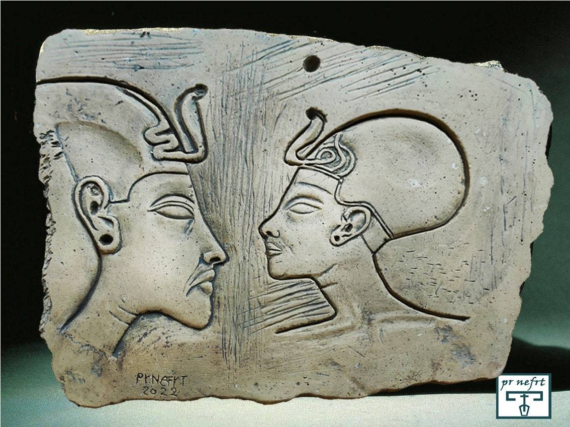Bas-relief portraying Amenhotep IV Pharaoh tje king Akhenaten, and ...