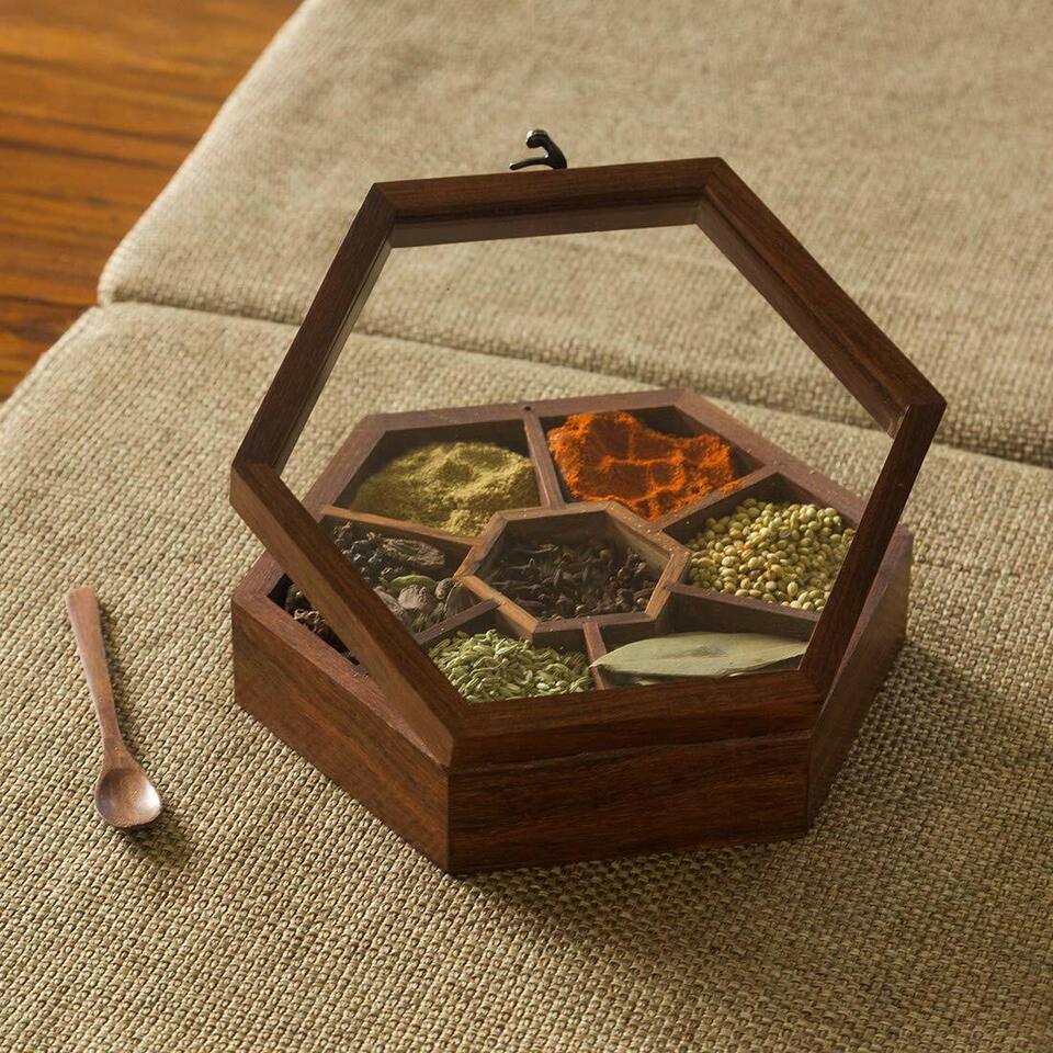 Wooden Spice Box Set With Container Spoon In Sheesham Wood 9 Container ...