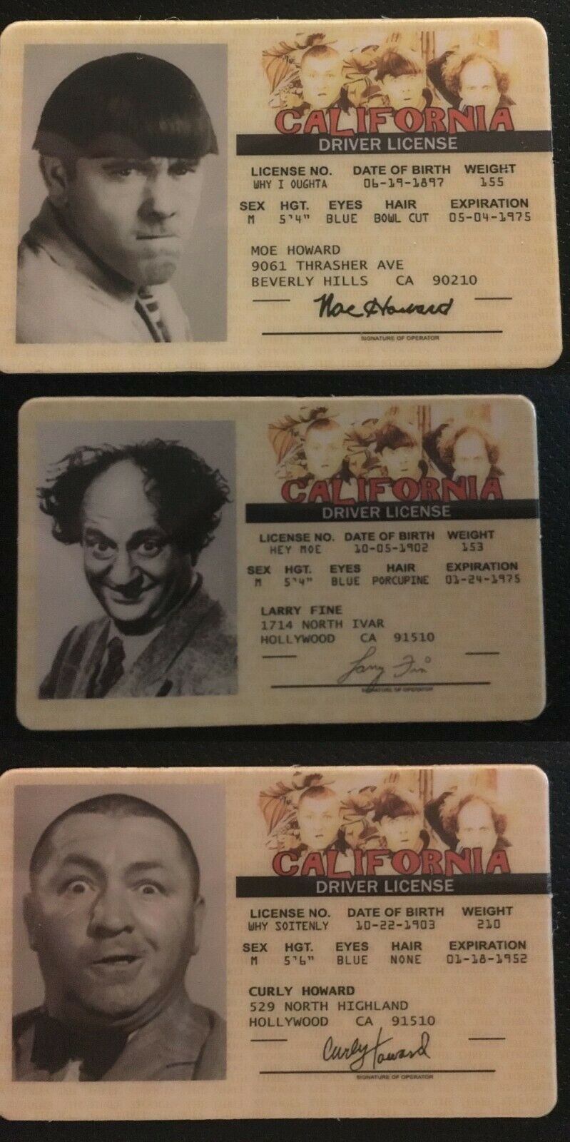 Moe Larry Curly Shemp Three Stooges 3 or 4 novelty cards - Other