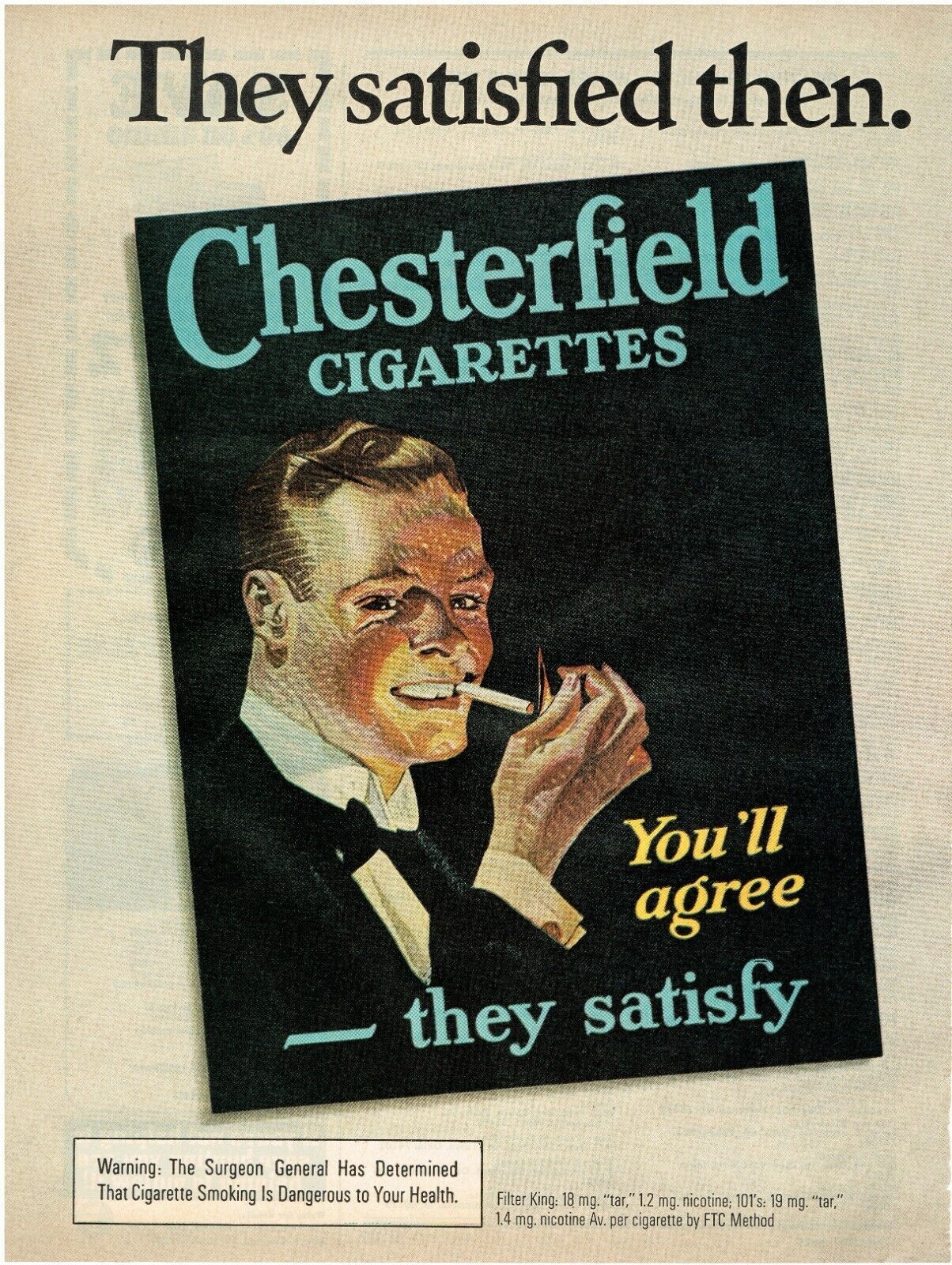 1975 Chesterfield Cigarettes Print Ad They Satisfied - 1970-79