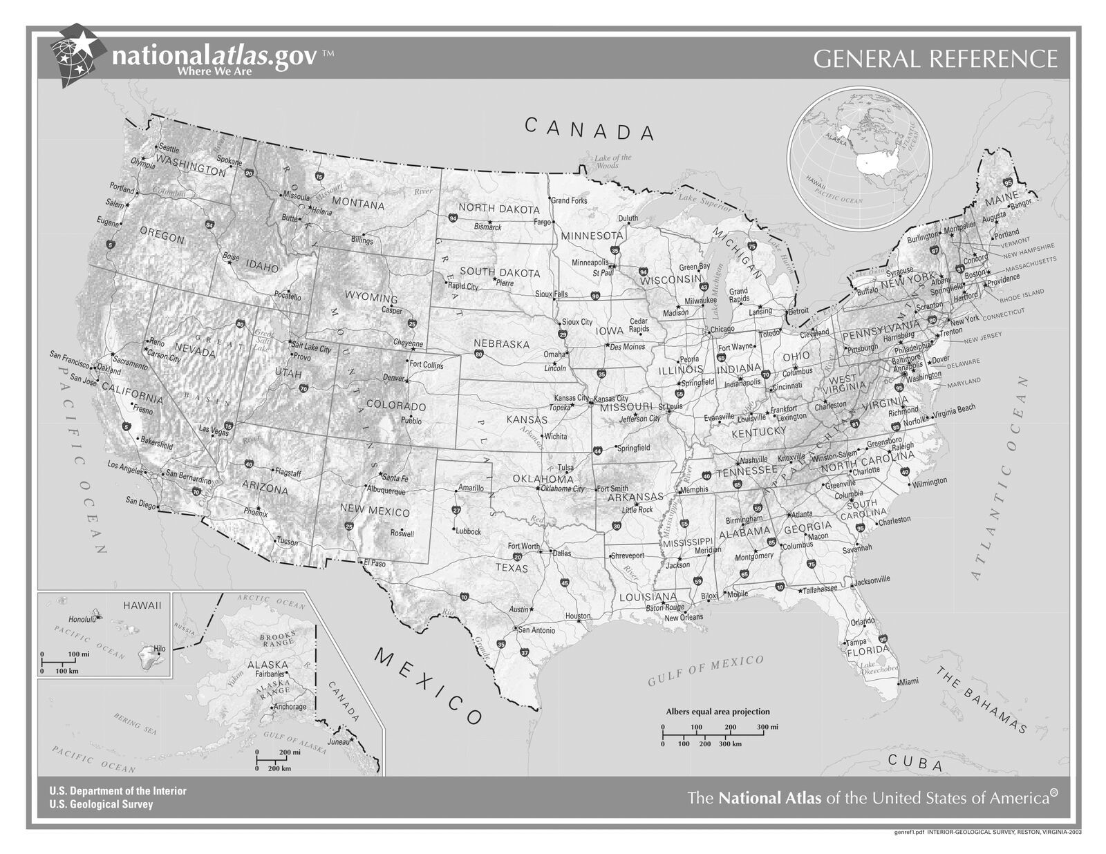 USA General Reference (Black and White) Laminated Wall Map - US