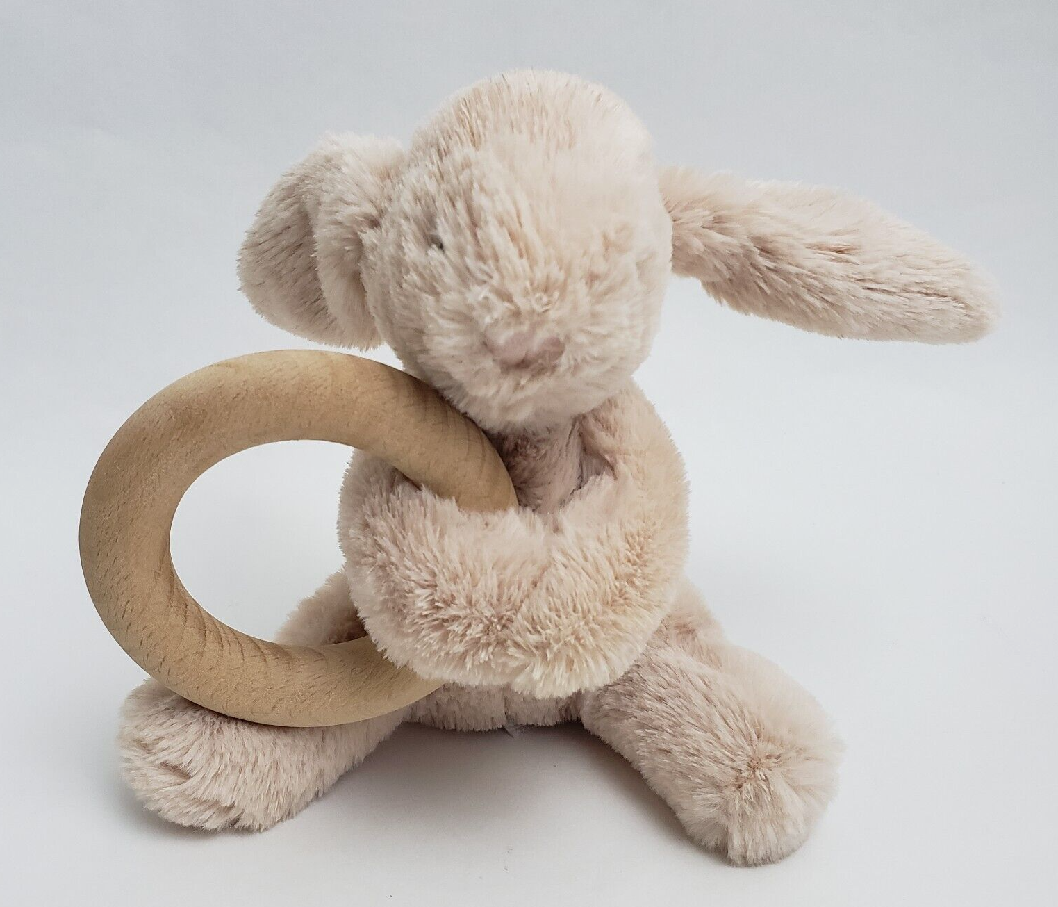 Jellycat Bashful Bunny Rabbit Plush Rattle Wooden Ring Grabber Baby Toy - Jellycat