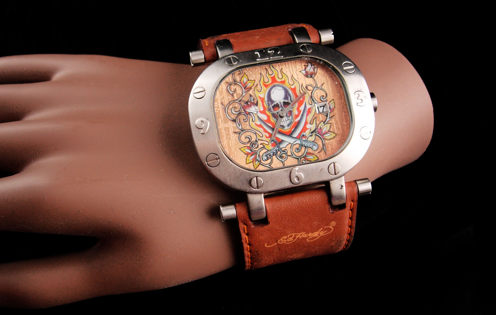 LARGE Skull Mens wrist Watch - Ed Hardy stainless steel - heavy duty 8 ...