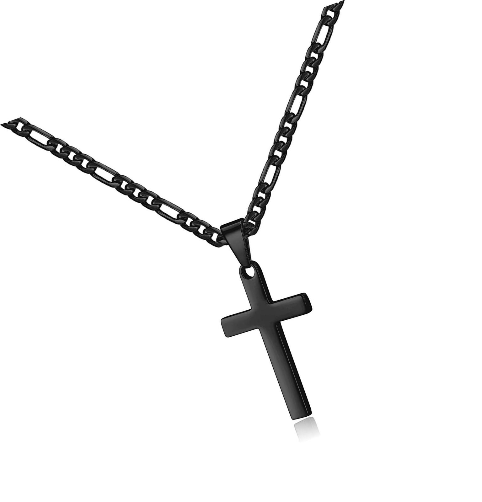 Stainless Steel Cross Necklaces for Men Figaro Chain Black - Keychains