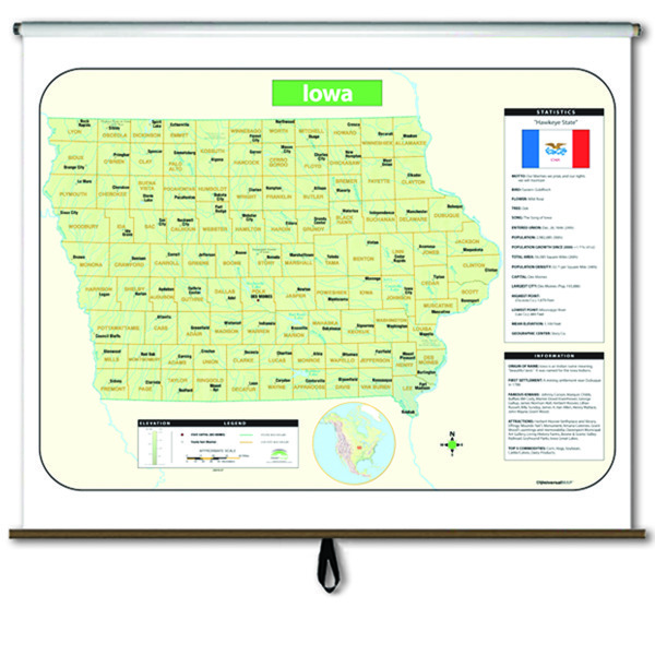 Iowa Large Scale Shaded Relief Wall Map on Roller - Maps & Atlases