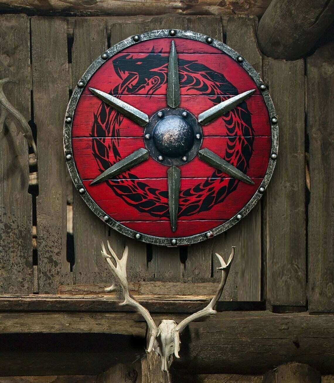 Medieval Knight Replica RED Ouroboros Battleworn Wooden Viking Round ...
