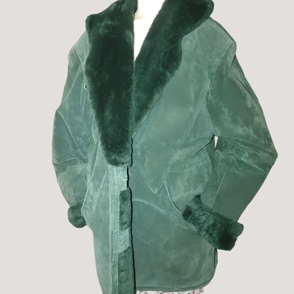 Climate Zone Hunter Green Leather Coat Jacket Size L Faux Fur Trim ...