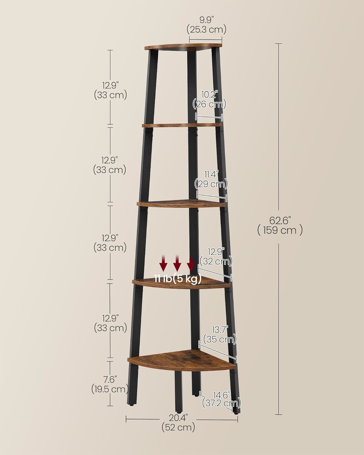 Vasagle Corner Shelf, 5-Tier Corner Bookshelf, Storage Shelving Unit ...