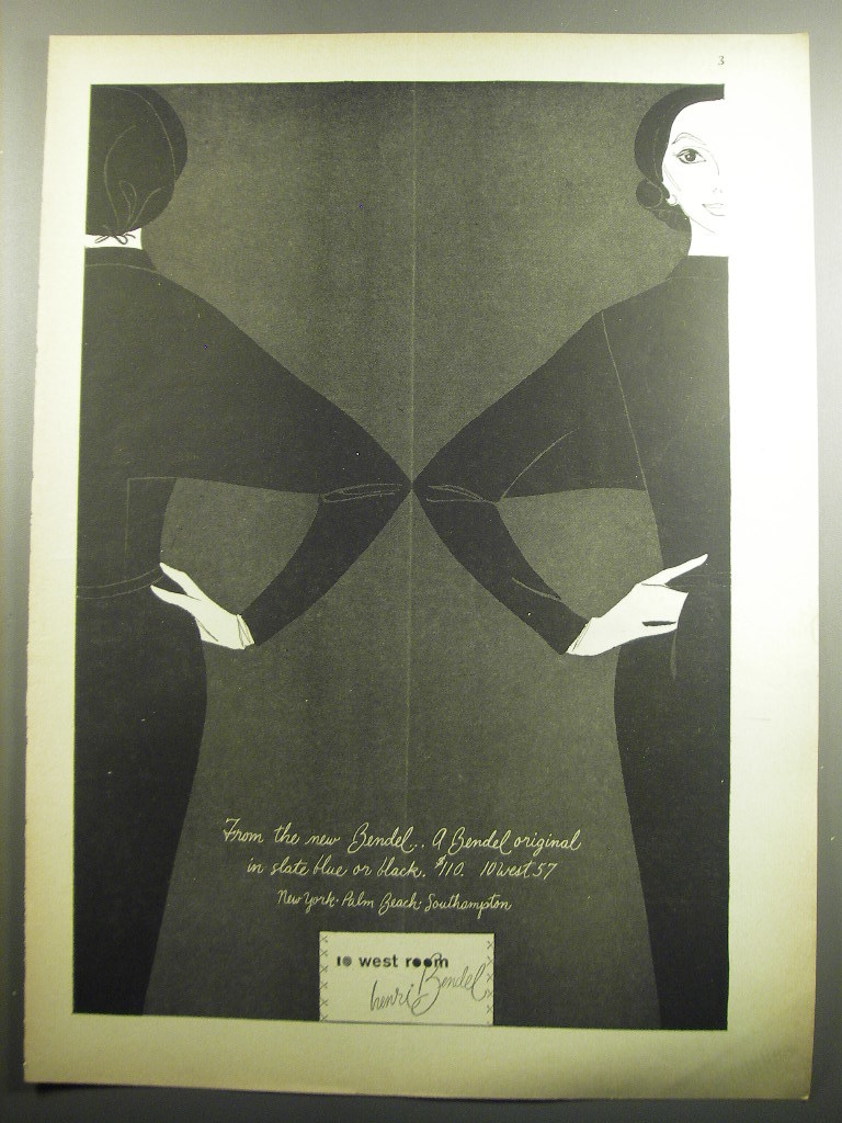 1957 Henri Bendel Fashion Ad - A Bendel original in slate blue or black ...