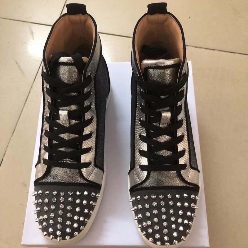 Silver Gray Sneakers Man Pointed Toe Rivet High Top Lace Up Flas For ...