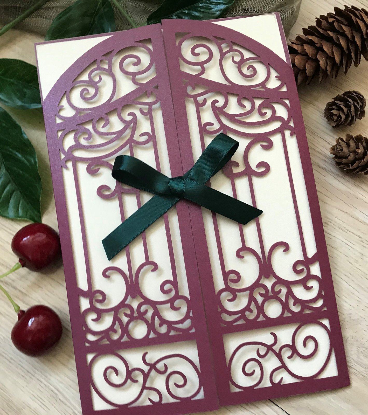 50pcs Pearl Burgundy Red Gate Laser Cut Invitations Cards,Laser Cut ...