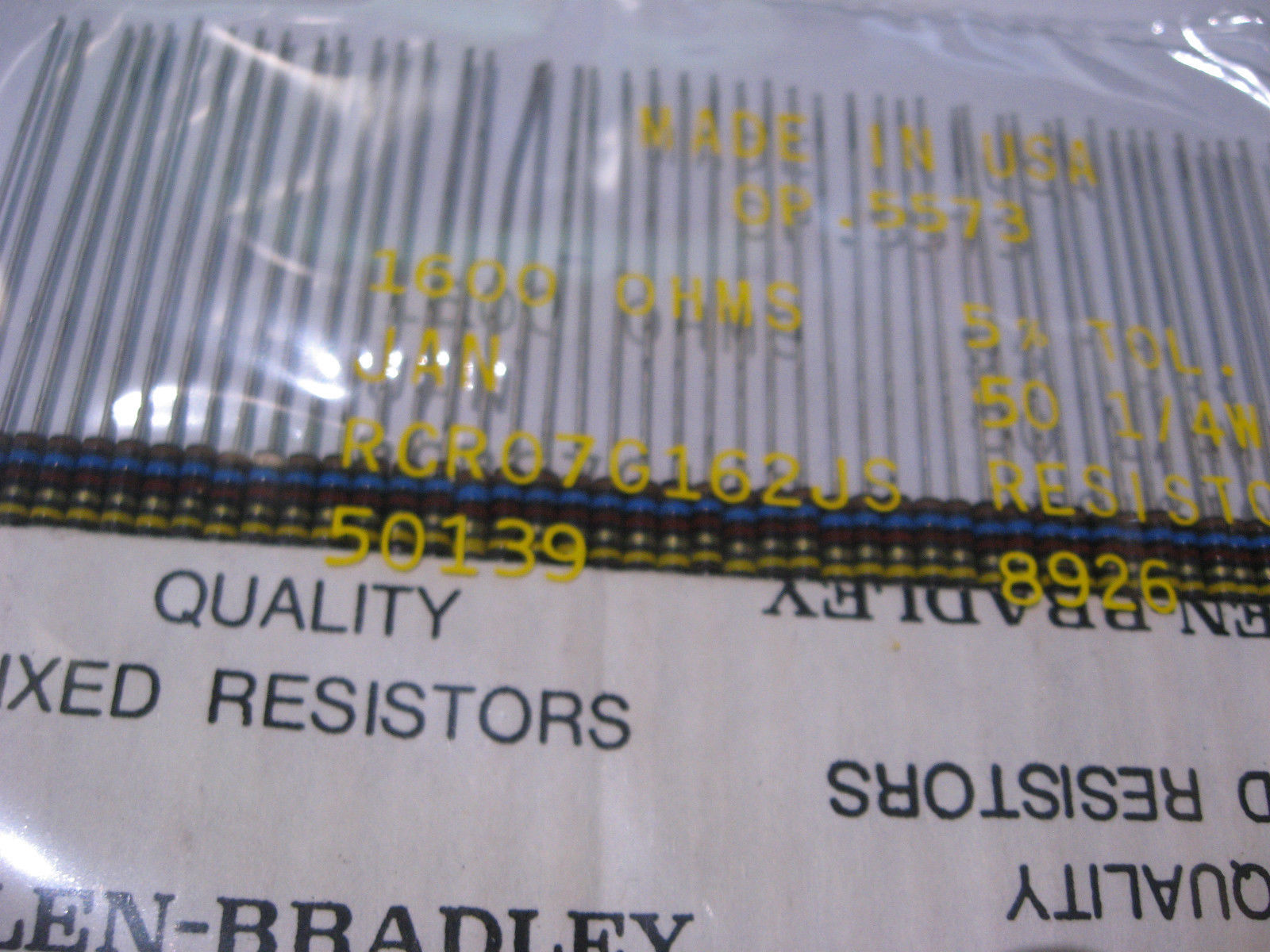 50 Pack Allen-Bradley Resistor 1600 Ohm 1/4W 5% RCR07G162JS Carbon ...