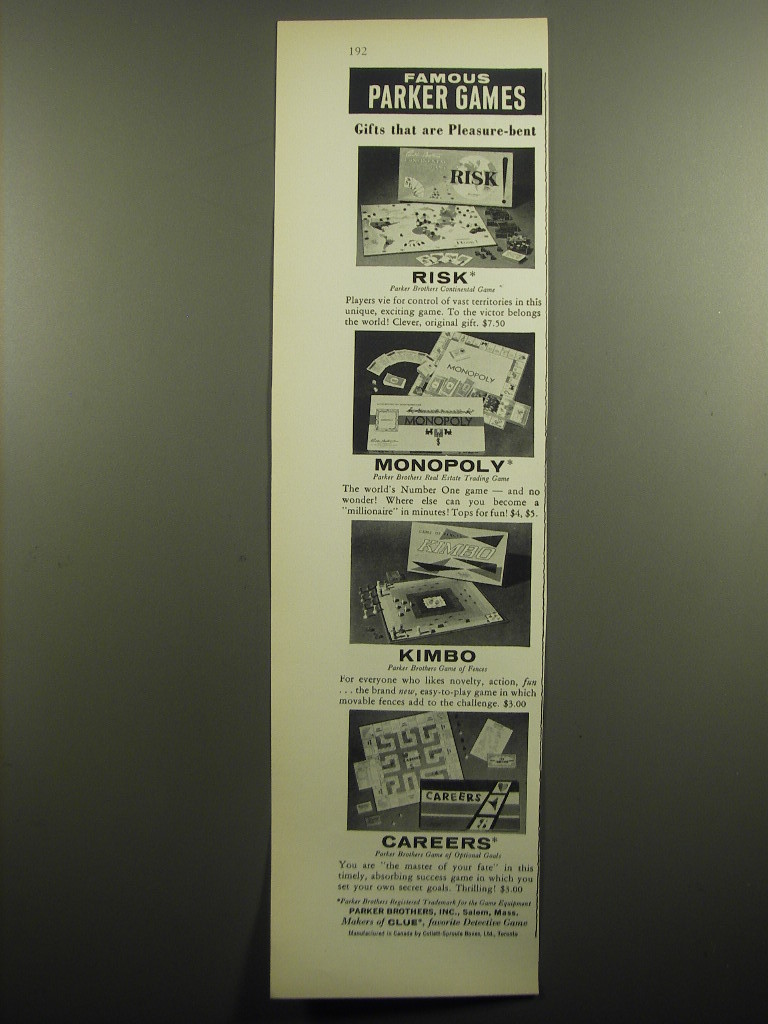 1960 Parker Brothers Games Advertisement - Risk, Monopoly, Kimbo, and ...