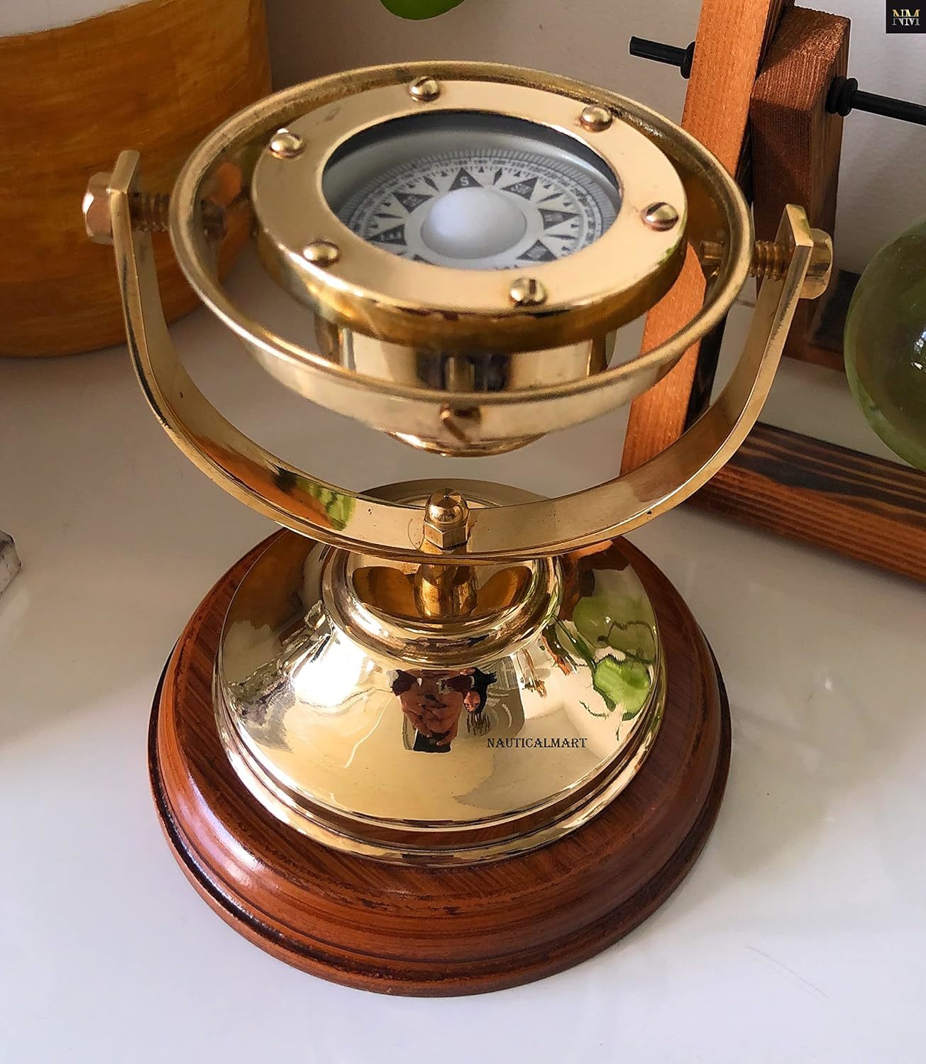 Nautical 3xglass 5" Brass Plated Gimbal Compass with Stand - Home ...
