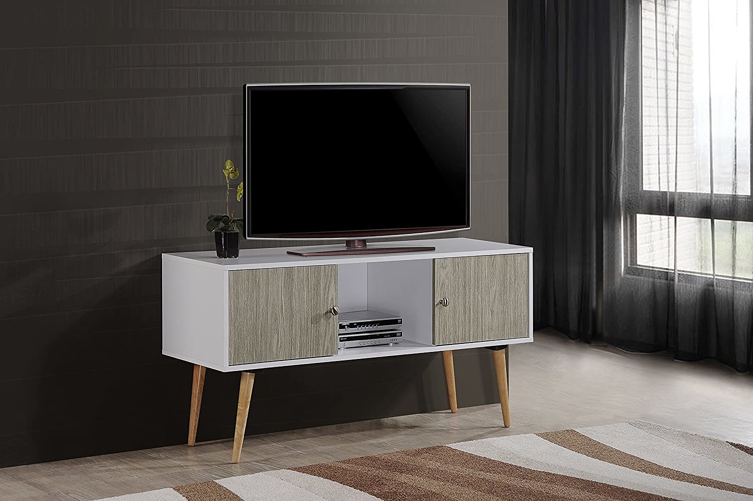 Hodedah Retro Style TV Stand with Two Storage Doors, and Solid Wood ...