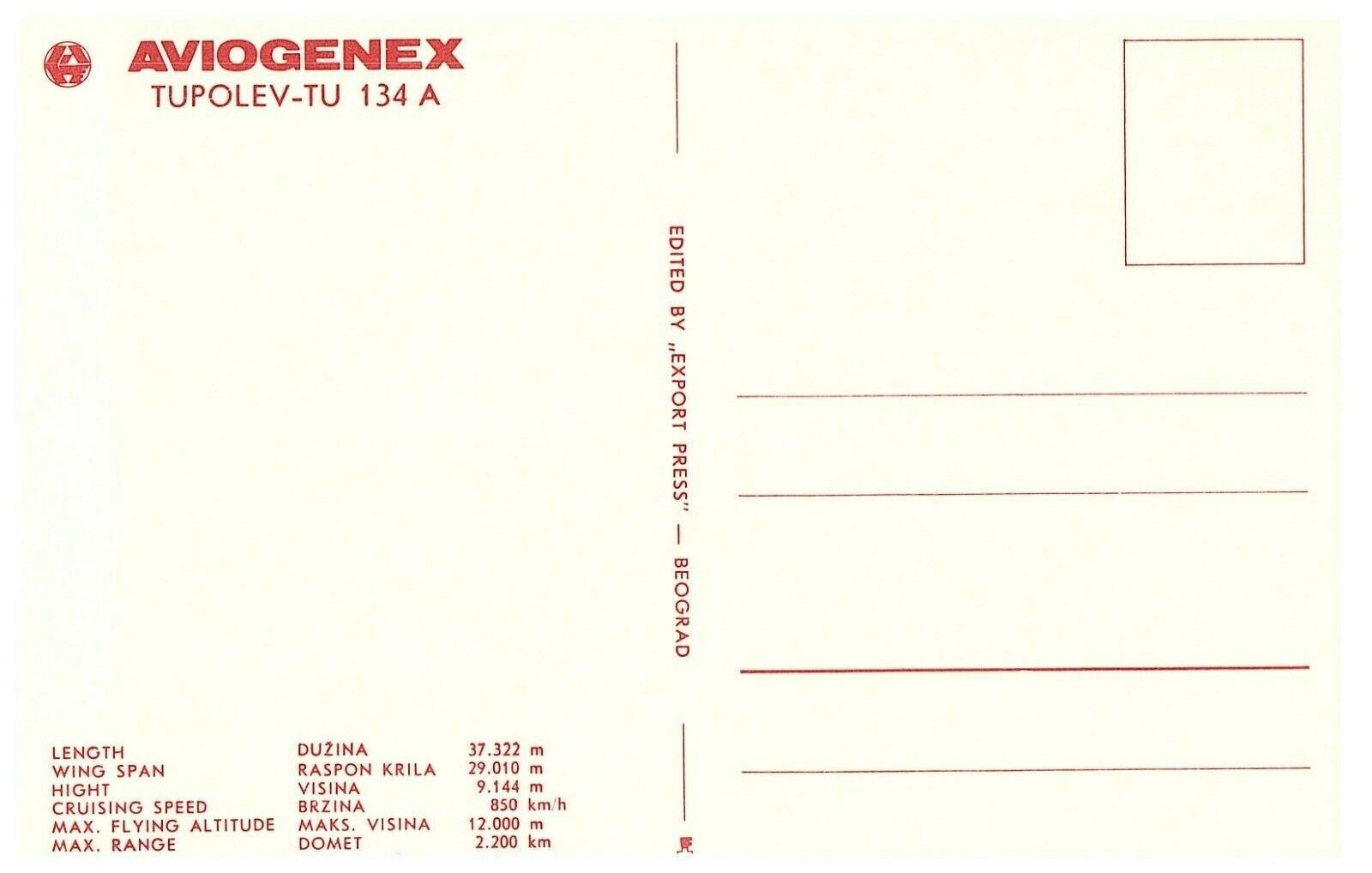 Aviogenex Tupolev TU 134 A Airline Issued Airplane Postcard - Non ...