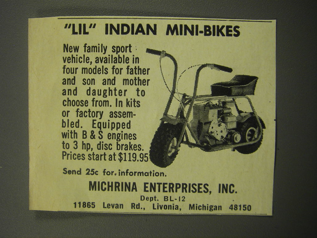1968 Michrina Brothers Lil Indian Mini Bikes Ad - 1980-89