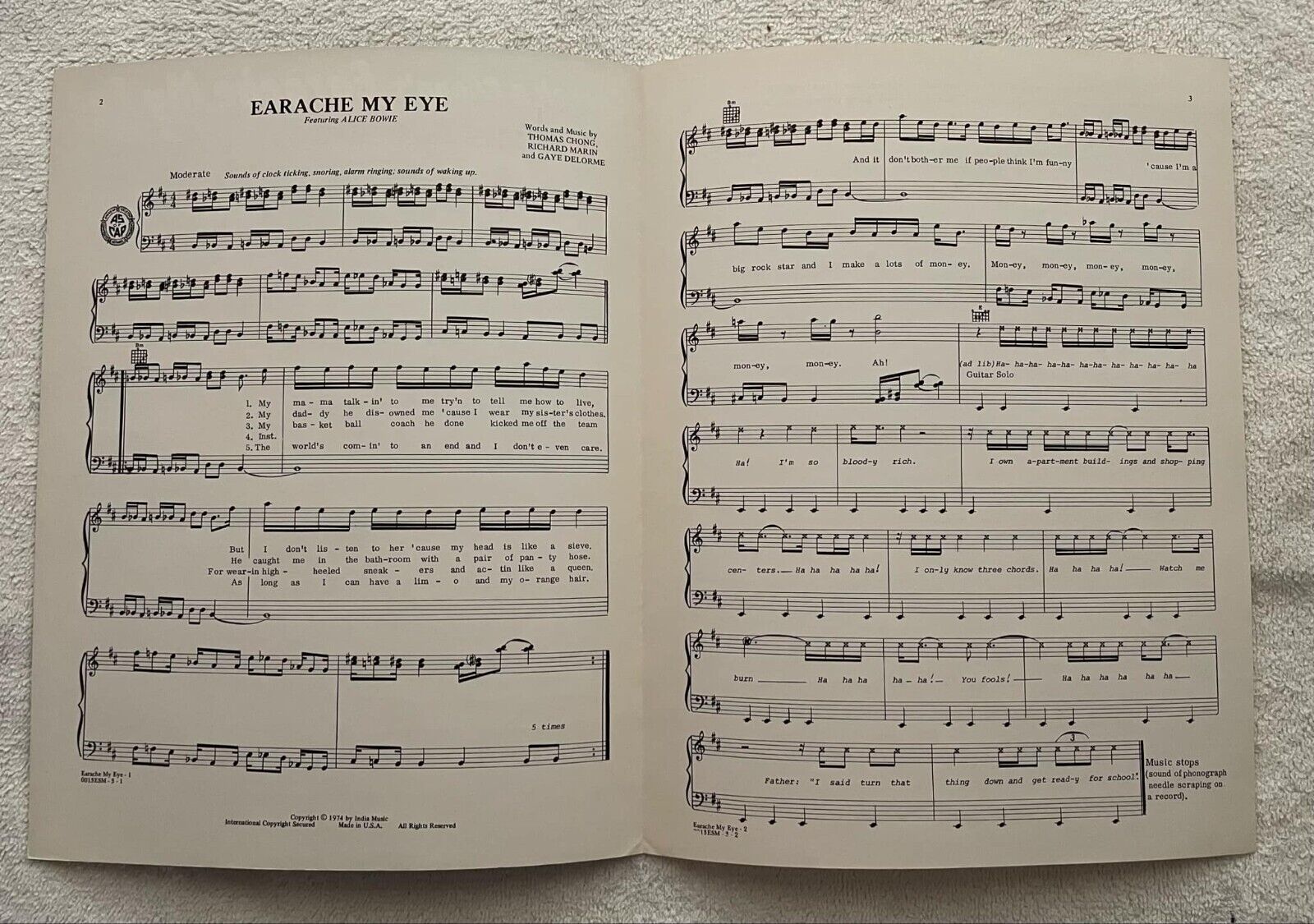 Vtg 1974 Cheech & Chong Earache My Eye Sheet Music Alice Bowie Tommy ...