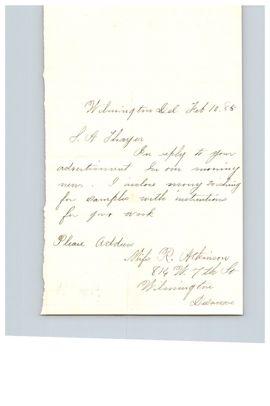 1885 Handwritten Letter Mrs r Atkinson Wilmington DE Delaware Family ...
