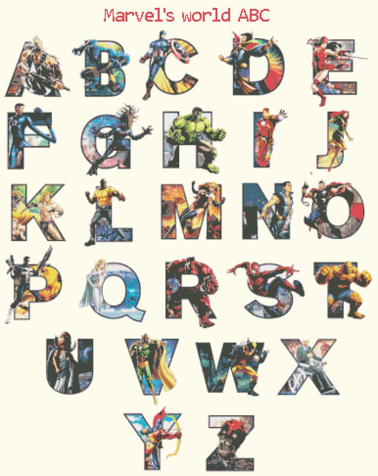 counted cross stitch pattern alphabet marvel ABC chart 376x478 stitches ...