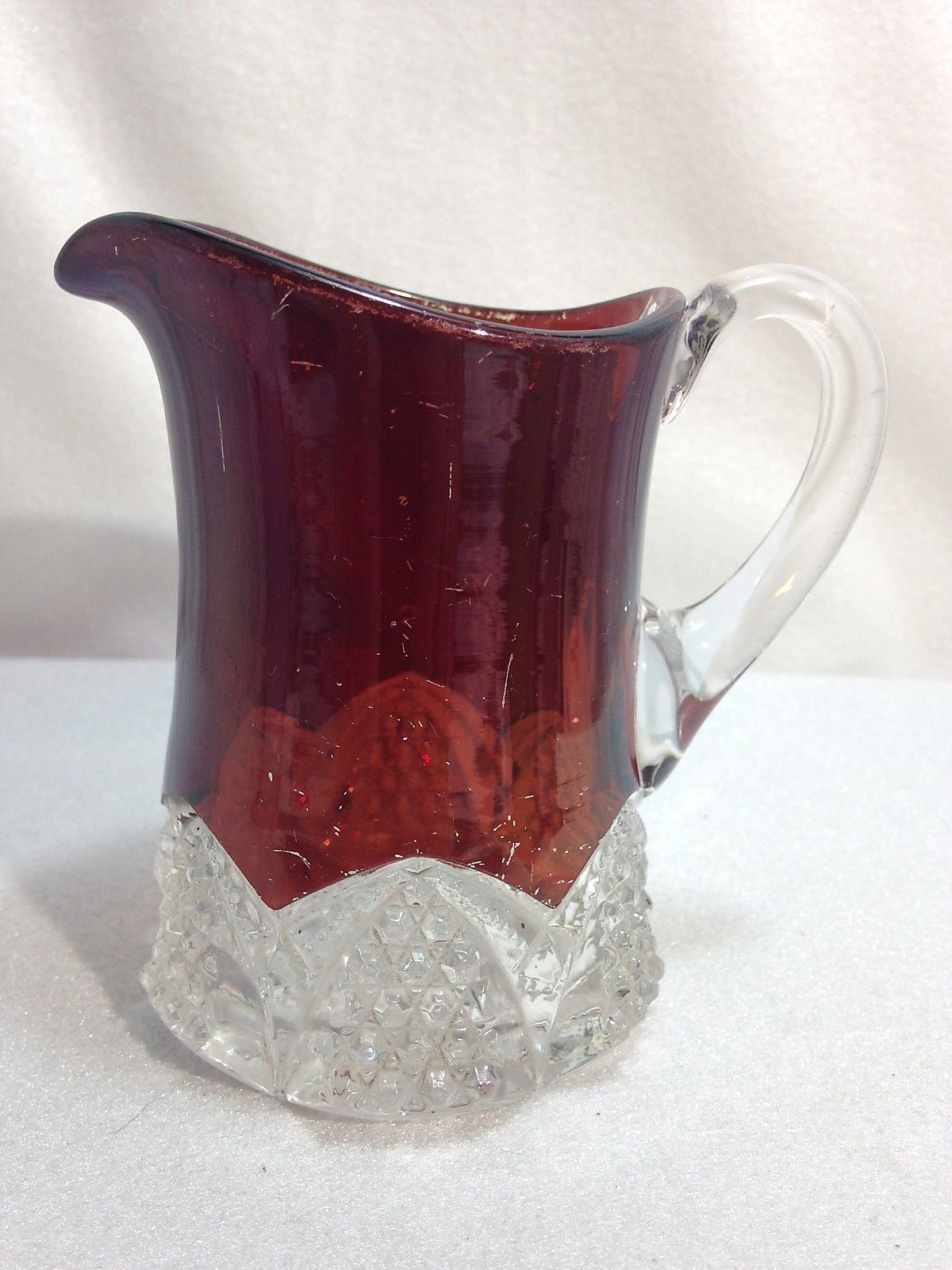Pattern Glass Ruby Stain Clear Creamer Diamond Grid Pointed Arch Smooth ...