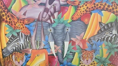 Original & Signed P.T Donald Haitian Naif Folk Animal Jungle Art Framed ...