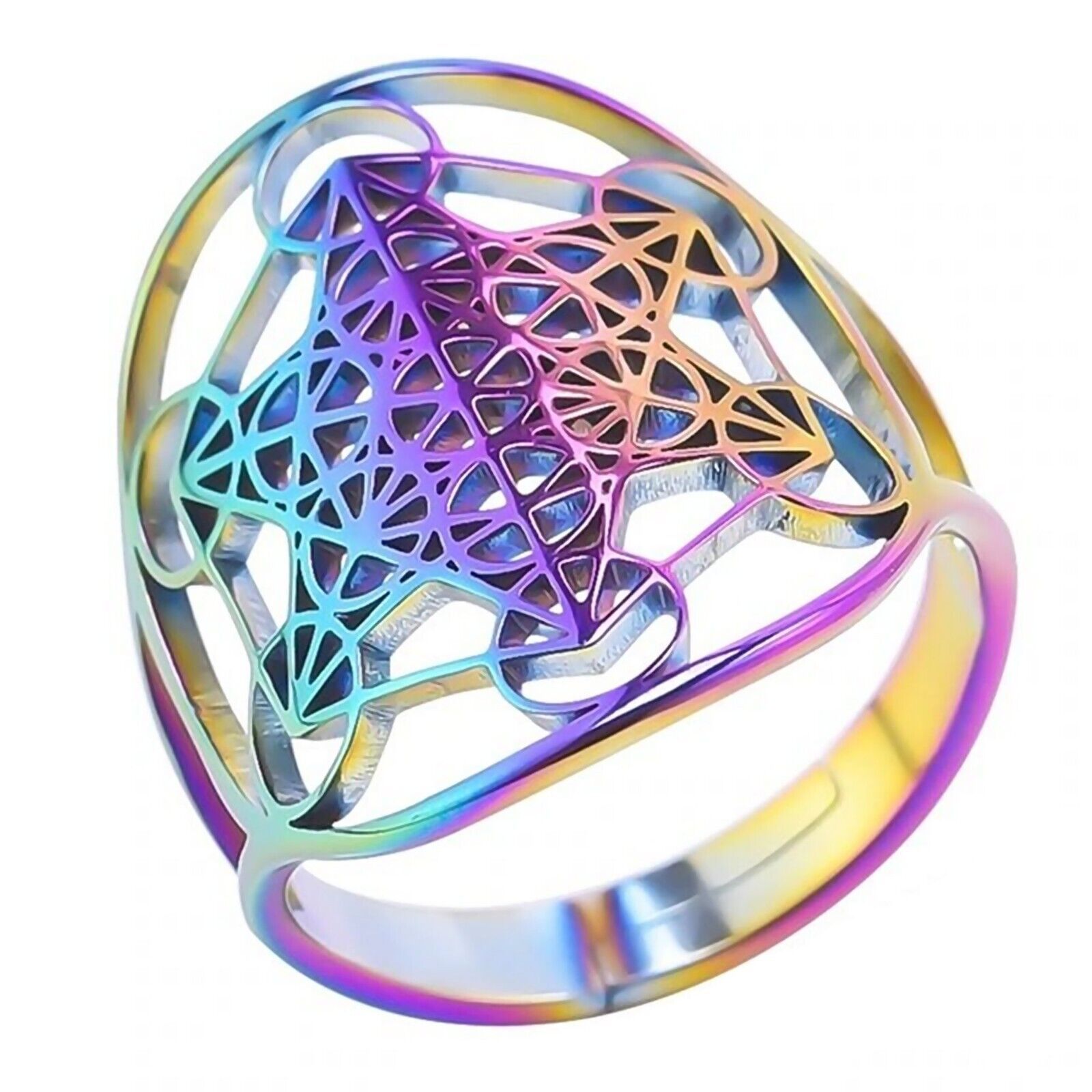Rainbow Metatrons Cube Ring Stainless Steel Spiritual Sacred Geometry ...