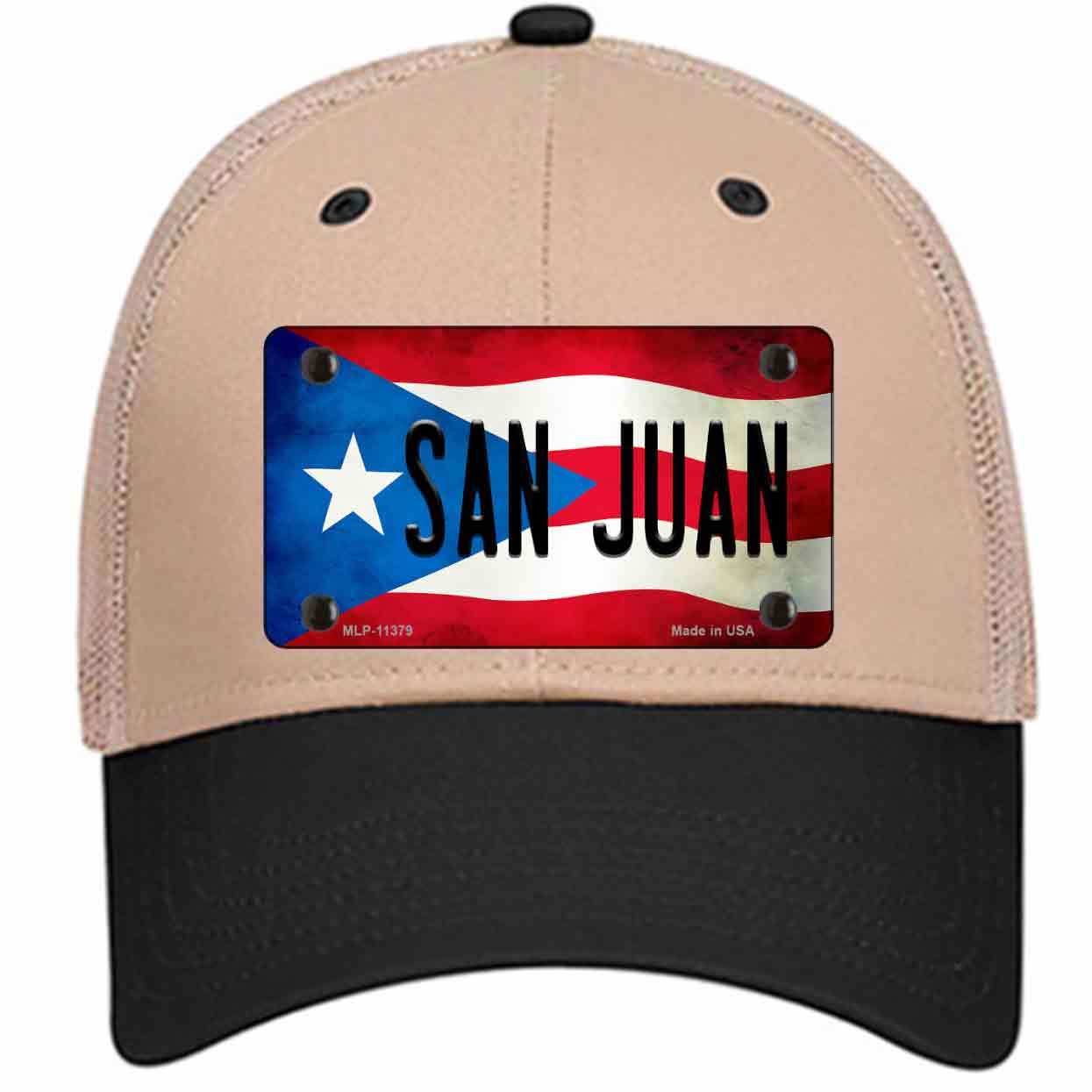 San Juan Puerto Rico Flag Novelty Khaki Mesh License Plate Hat - Hats