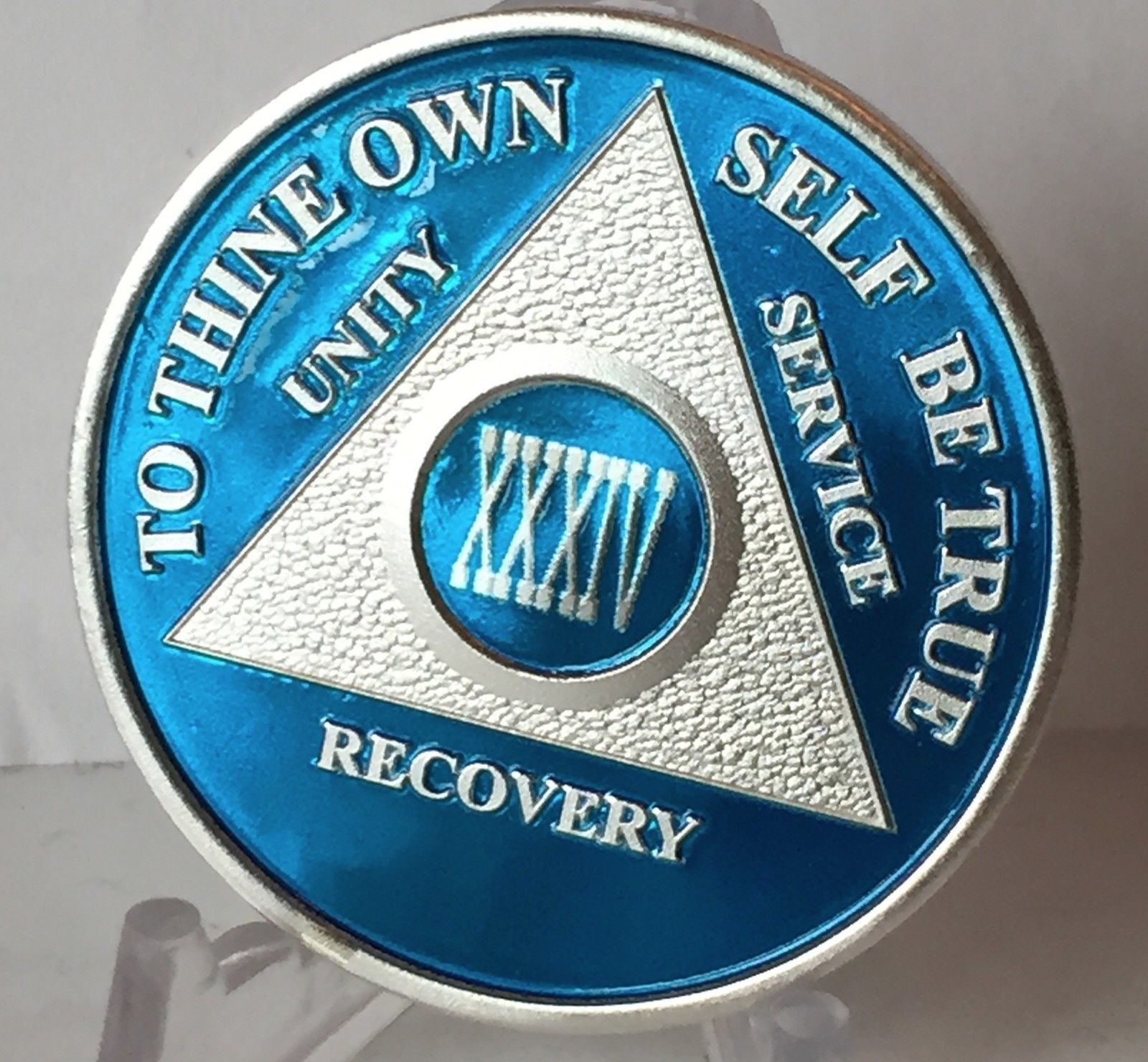 Blue Silver Plated 34 Year AA Chip Alcoholics Anonymous Medallion Coin ...