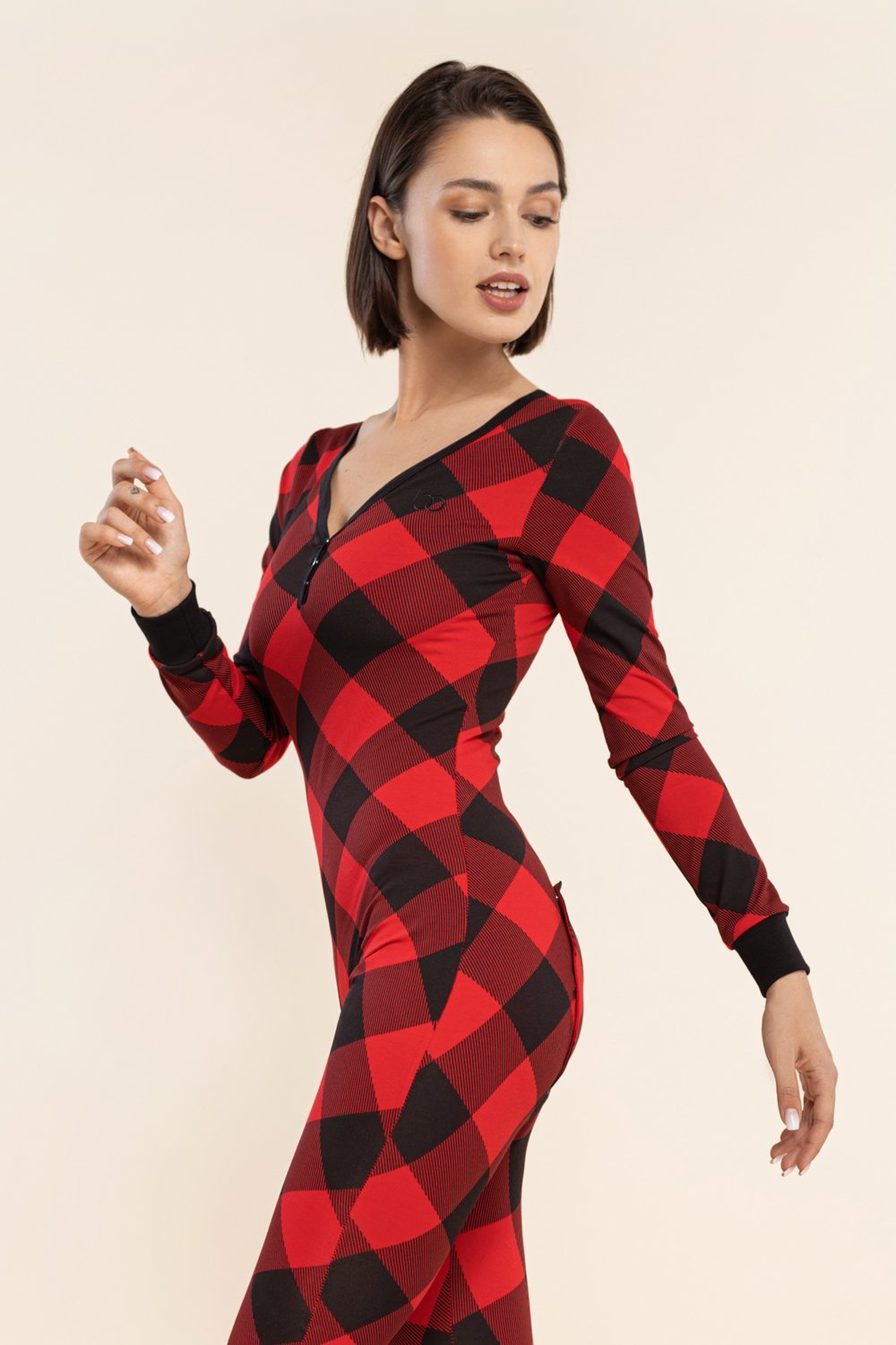 Sexy Pyjama Jumpsuit With Butt Flap Ladies Sleepsuit Onezee Black Red