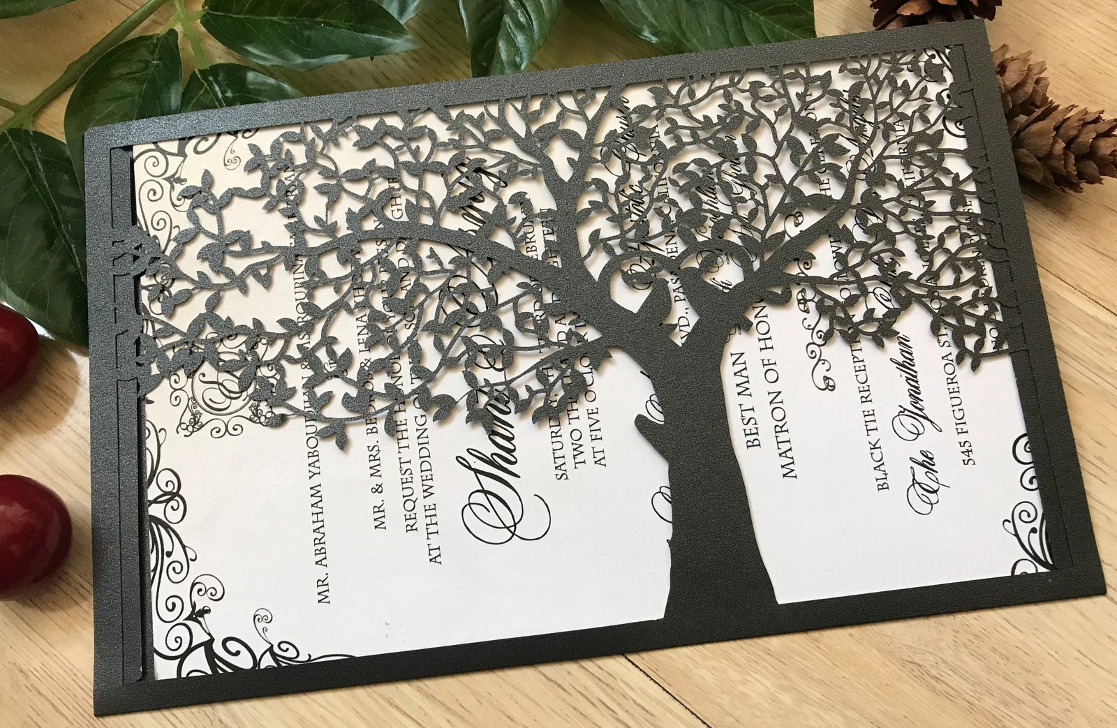 50pcs Pearl Black Tree birthday invitations,Pocket Laser cut wedding ...