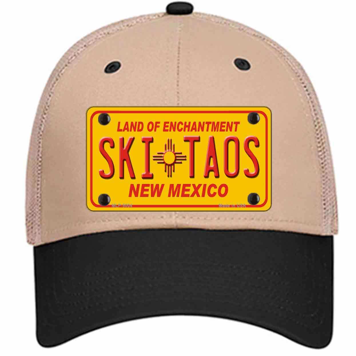 Ski Taos Yellow New Mexico Novelty Khaki Mesh License Plate Hat - Hats