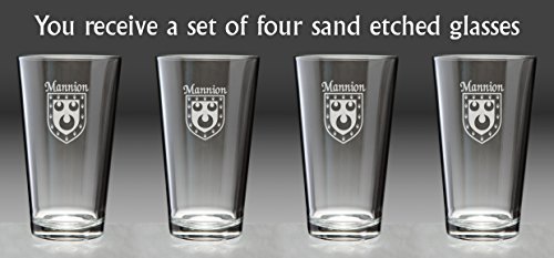 Mannion Irish Coat of Arms Pint Glasses - Set of 4 (Sand Etched ...
