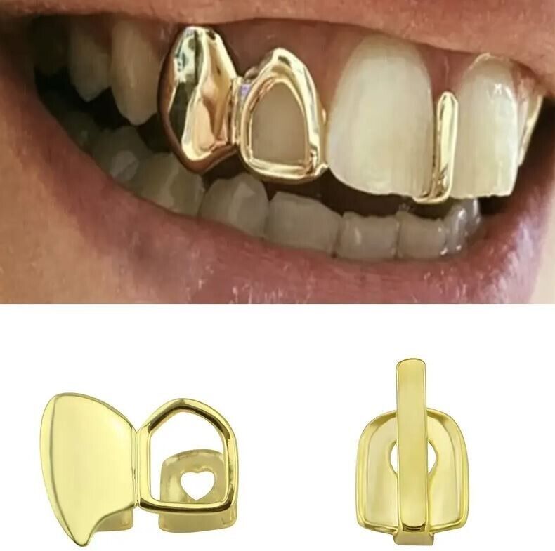 Custom 14K Gold Plated Upper Top Teeth Right Side Open Face Fangs + Gap ...