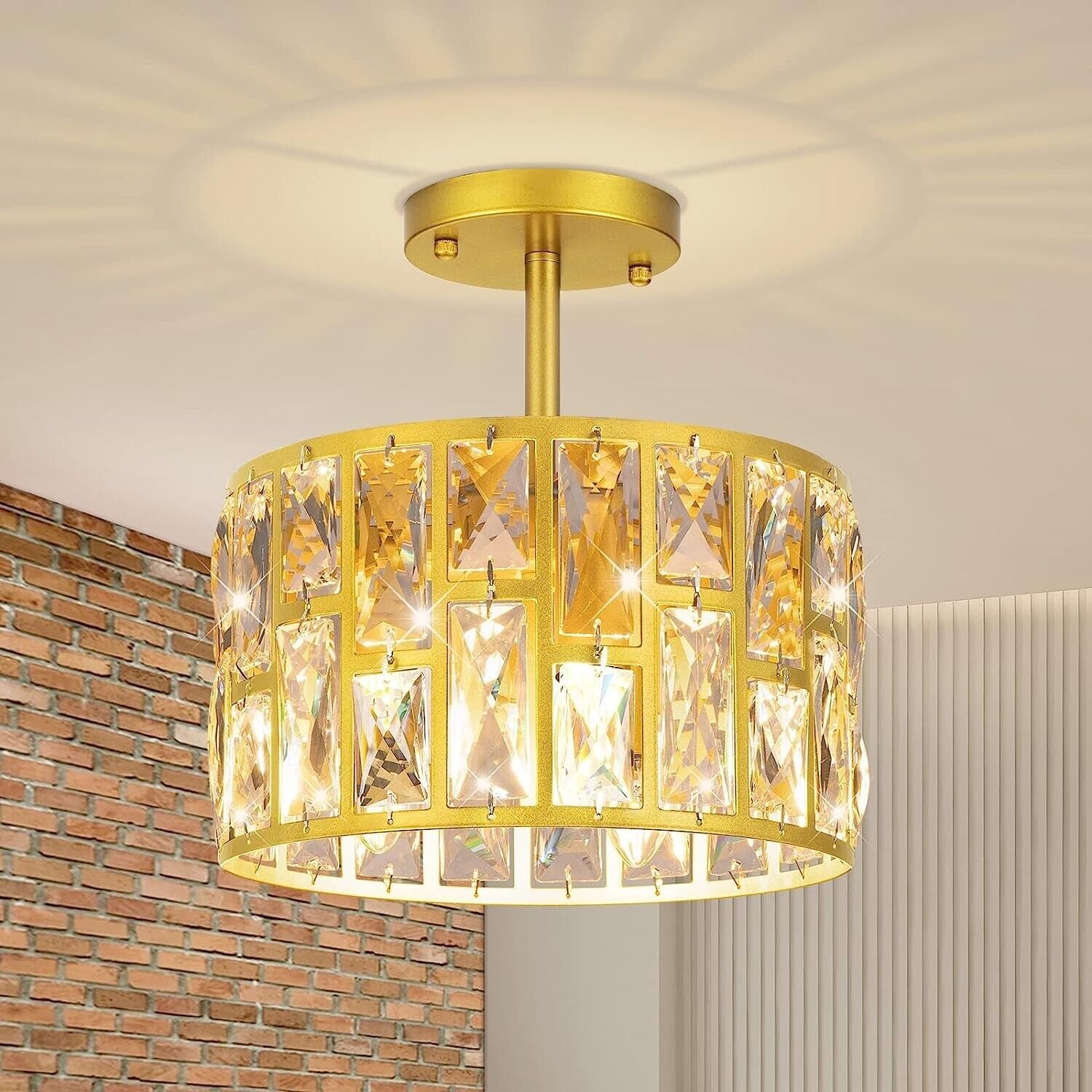 Gold Flush Mount Ceiling Light Fixture Modern Crystal Glass Hallway ...