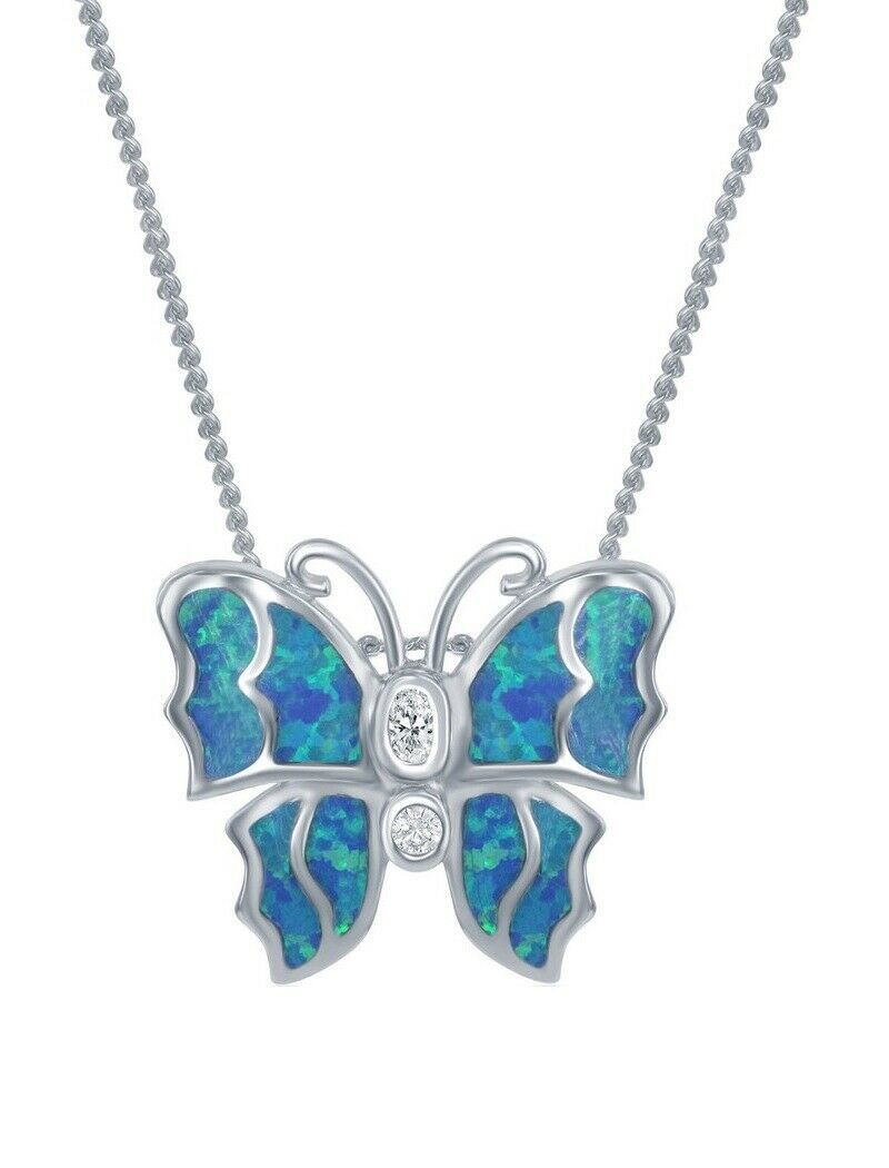 Sterling Silver Blue Inlay Opal Butterfly Shaped Pendant - Necklaces ...